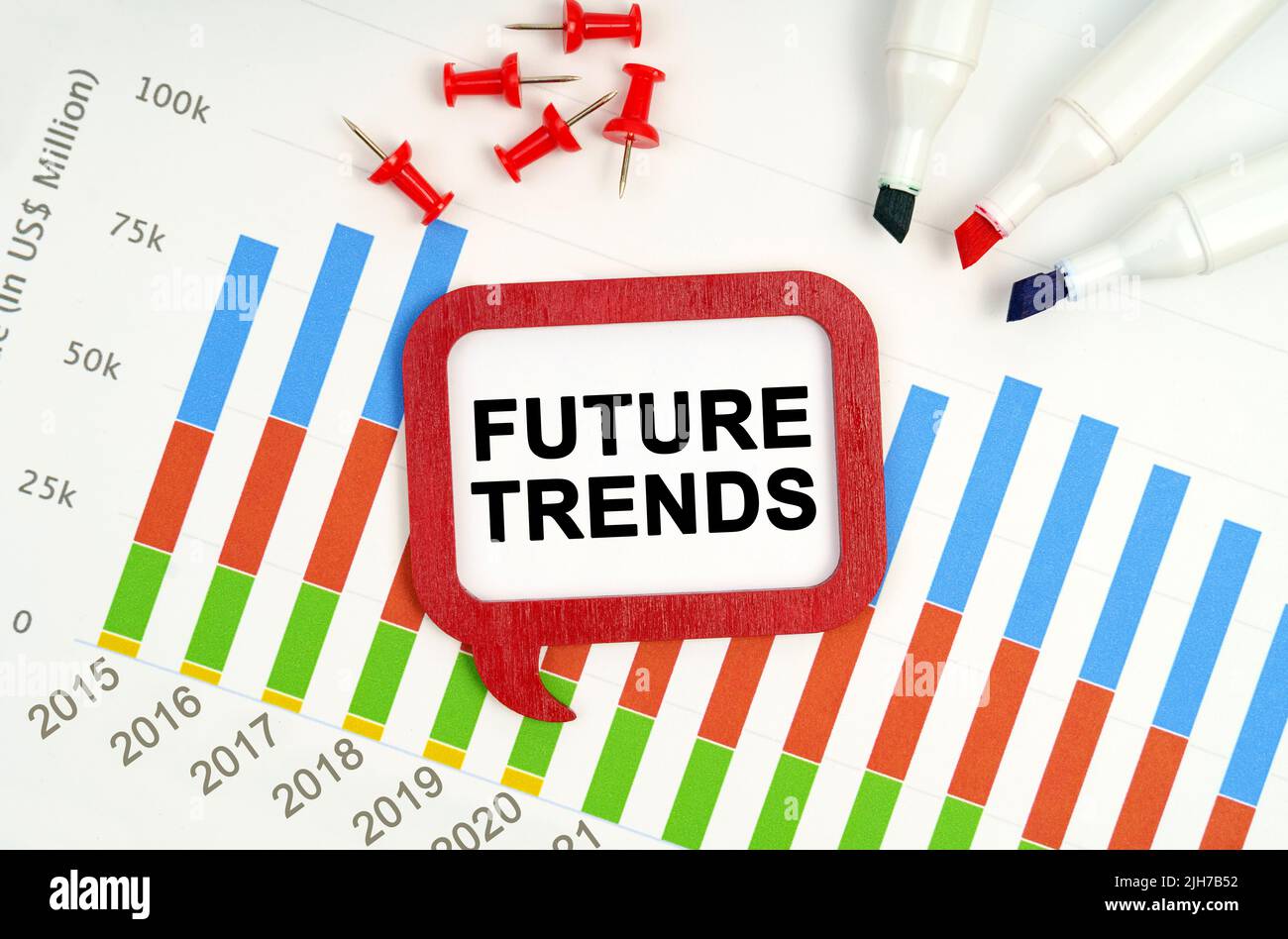 Business and economy concept. There are markers, charts and a sign on ...