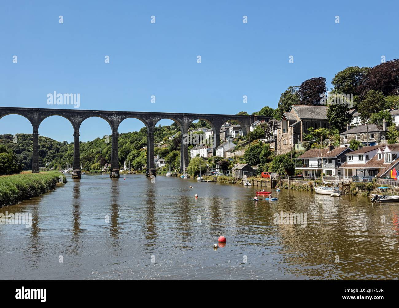 The historic railway viaduct Calstock, on the Cornish banks of the ...