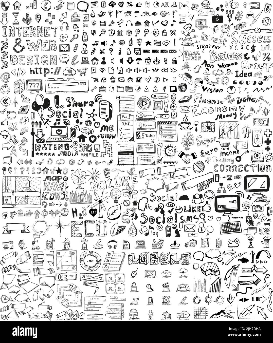 Huge set of business, social, technology hand drawn elements / doodles ...