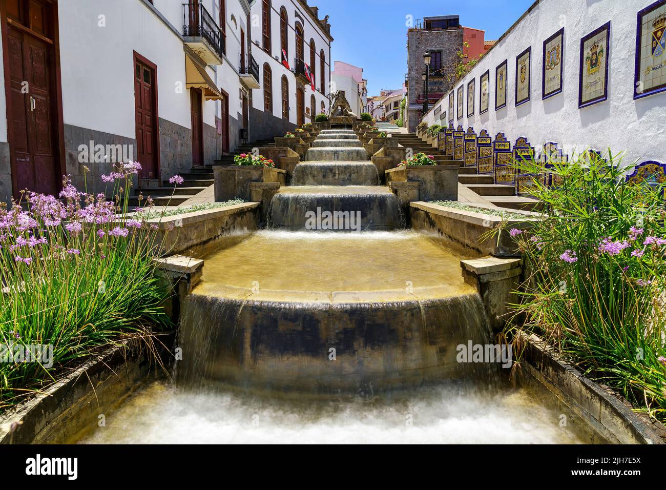 large fountain in the charming village of Firgas on Gran Canaria. Water ...