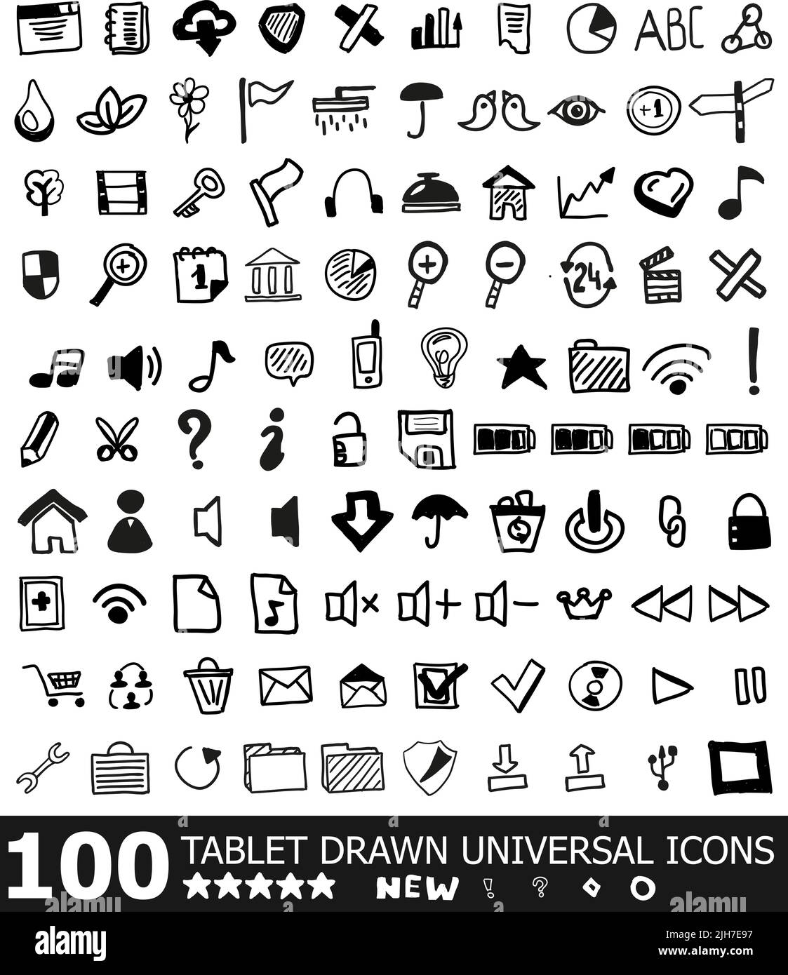 100 hand drawn web universal icons | vector black icon set isolated on ...