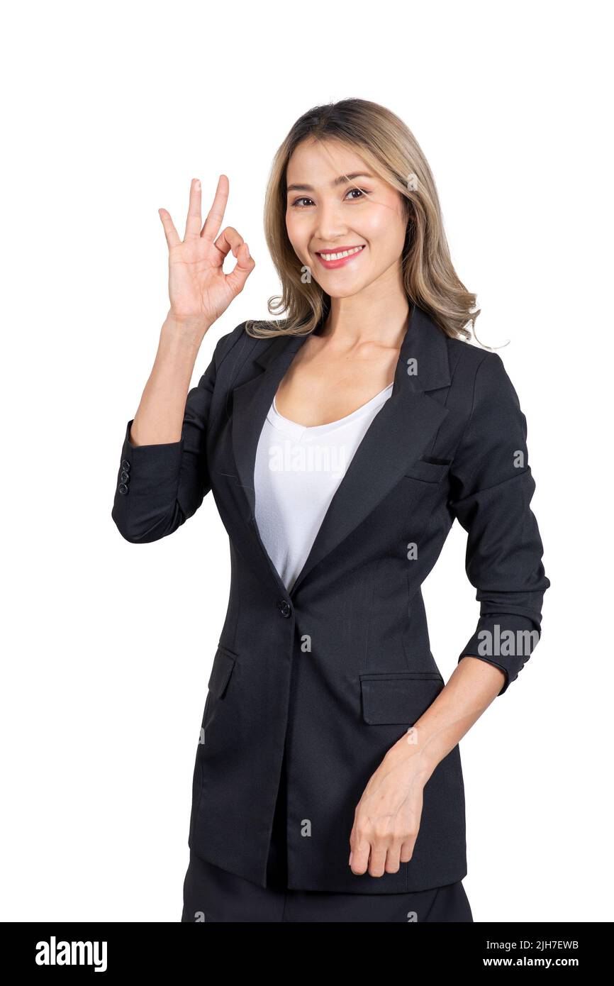 Isolated photo of businesswoman in black suit put her hand up showing ...