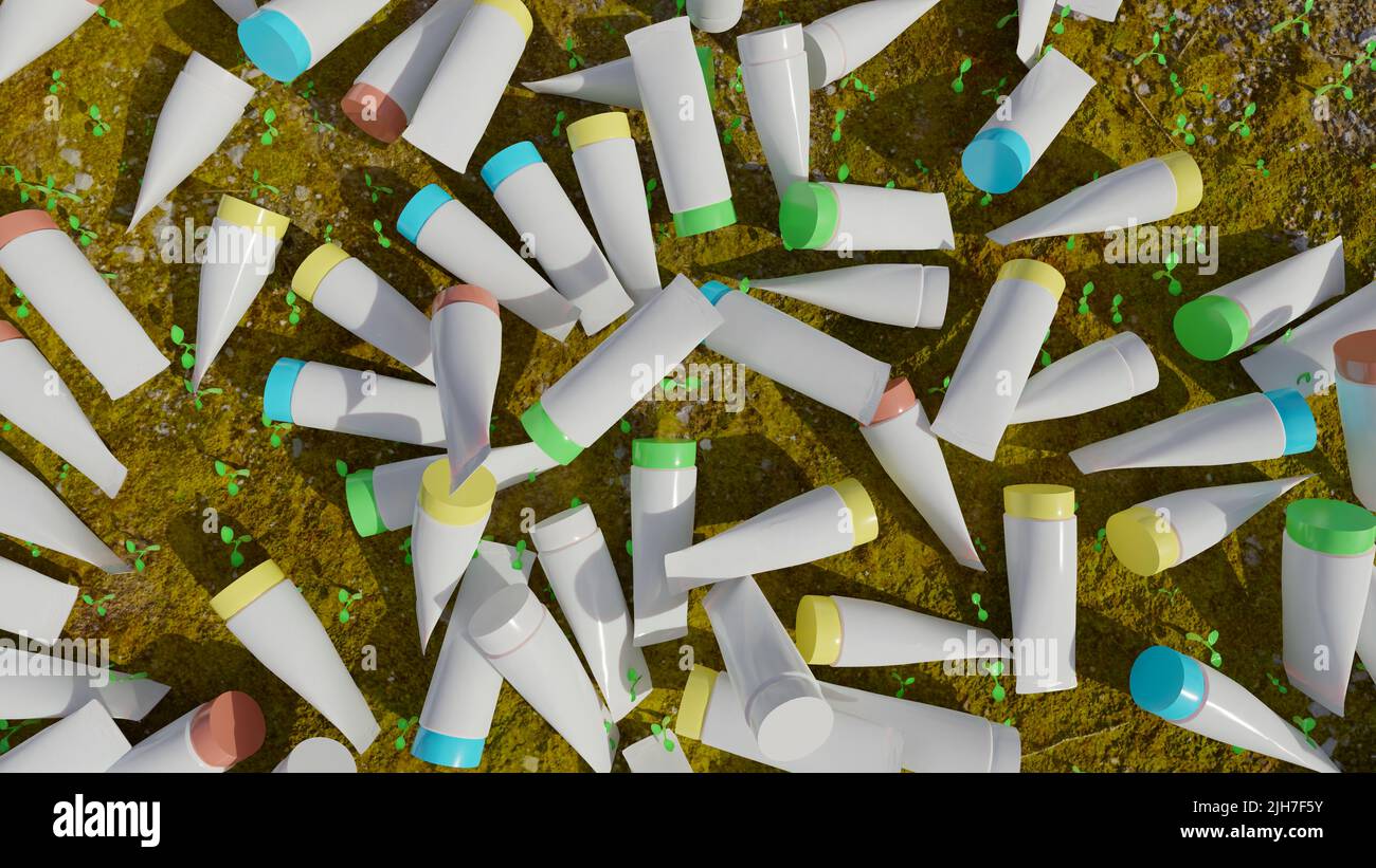 Scattered Colorful Plastic Tubes on Green surface. 3D render Stock ...