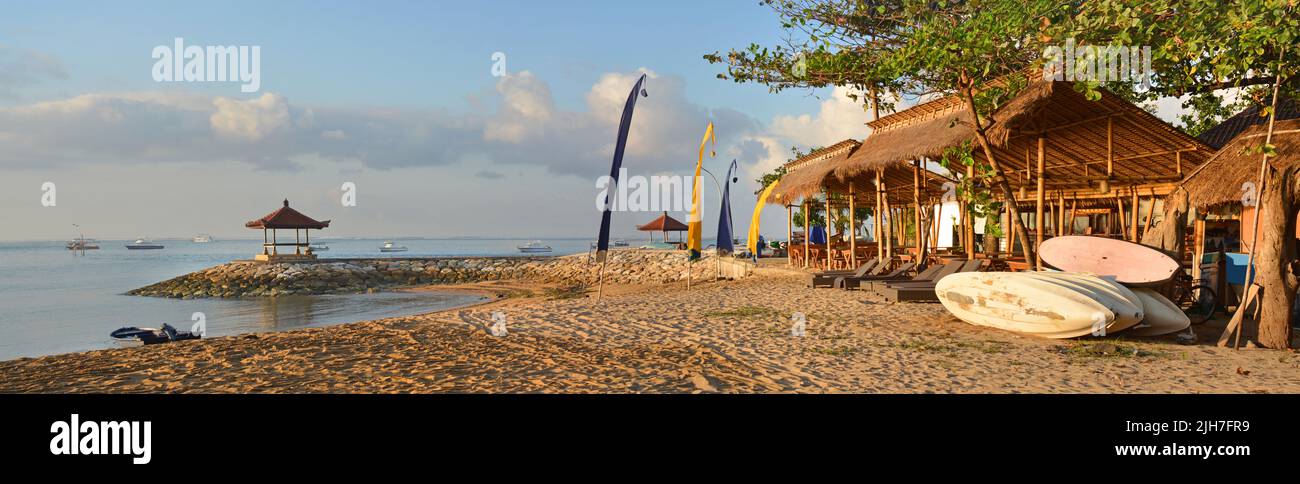 Cafe and Surf Board Hire panorama on the Beach at dawn, sanur, bali ...