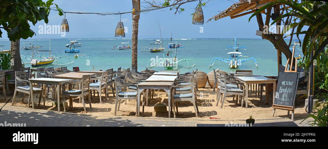 Cafe on The Beach, Sanur fishing village, Bali, Indonesia Stock Photo ...