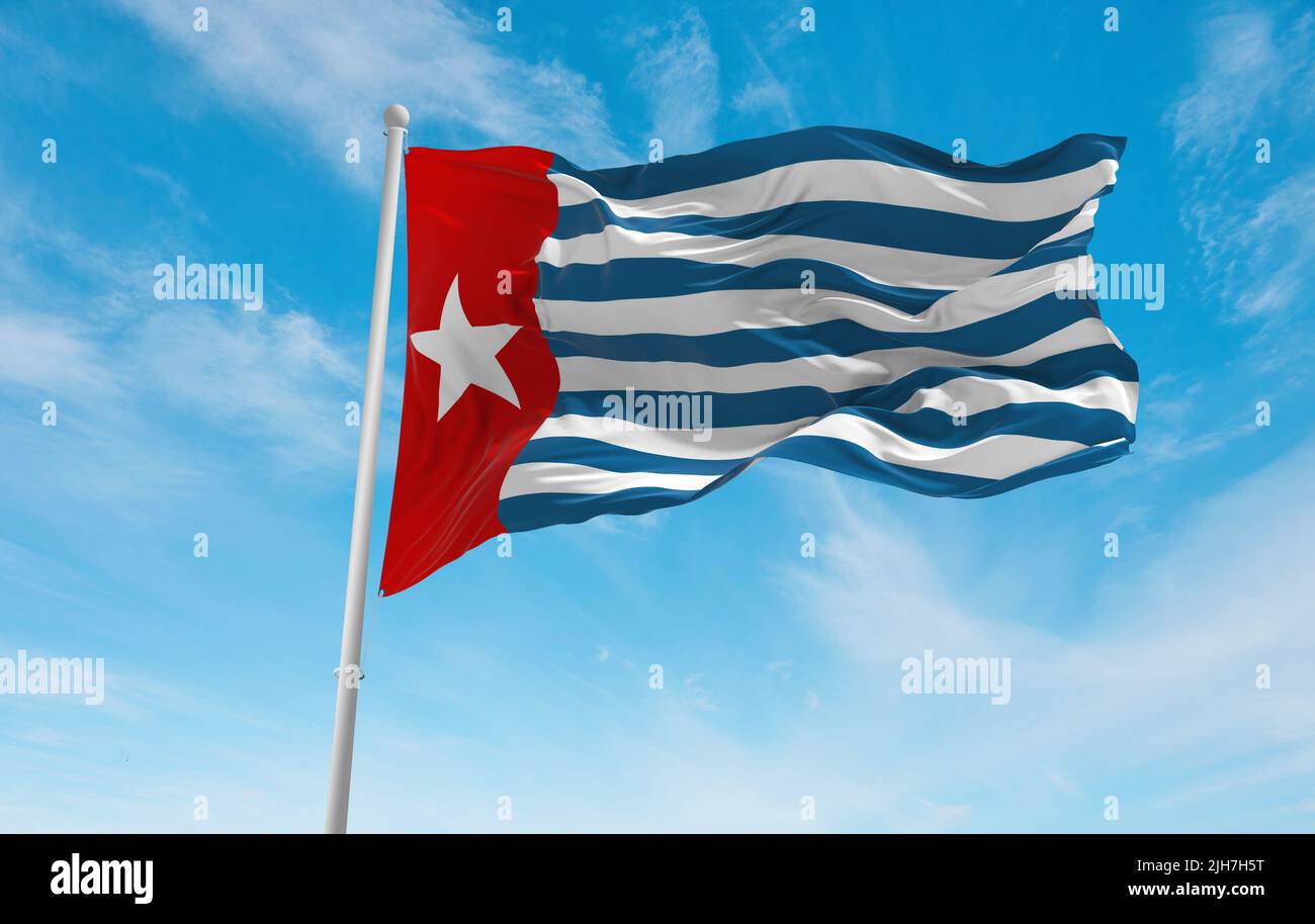 official flag of Morning Star Indonesia at cloudy sky background on ...