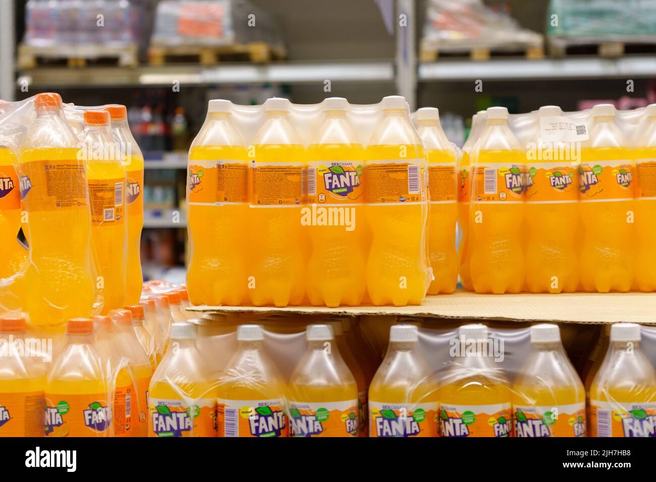 Tyumen, Russia-May 11, 2022:: Fanta plastic botles. The three drinks ...