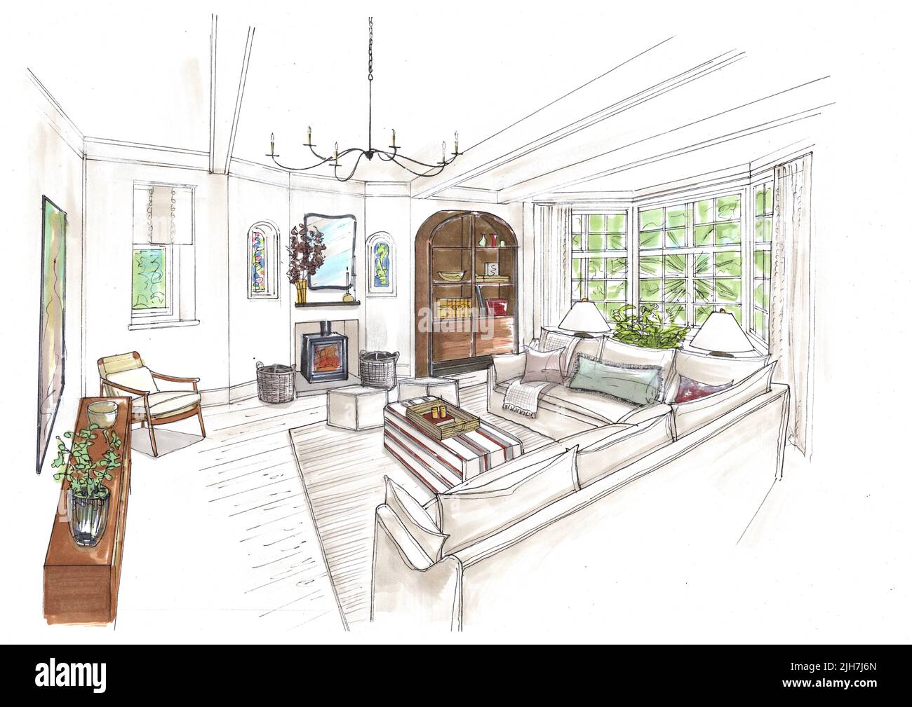 Colour illustration of a lounge on a white background Stock Photo - Alamy