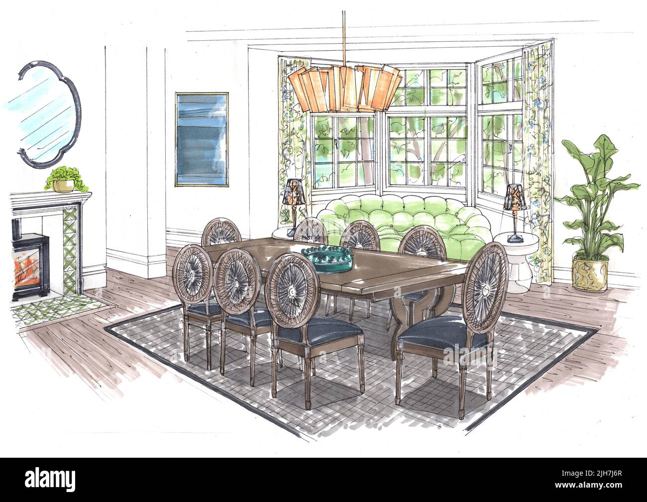 Colour illustration of a dining room on a white background Stock Photo ...