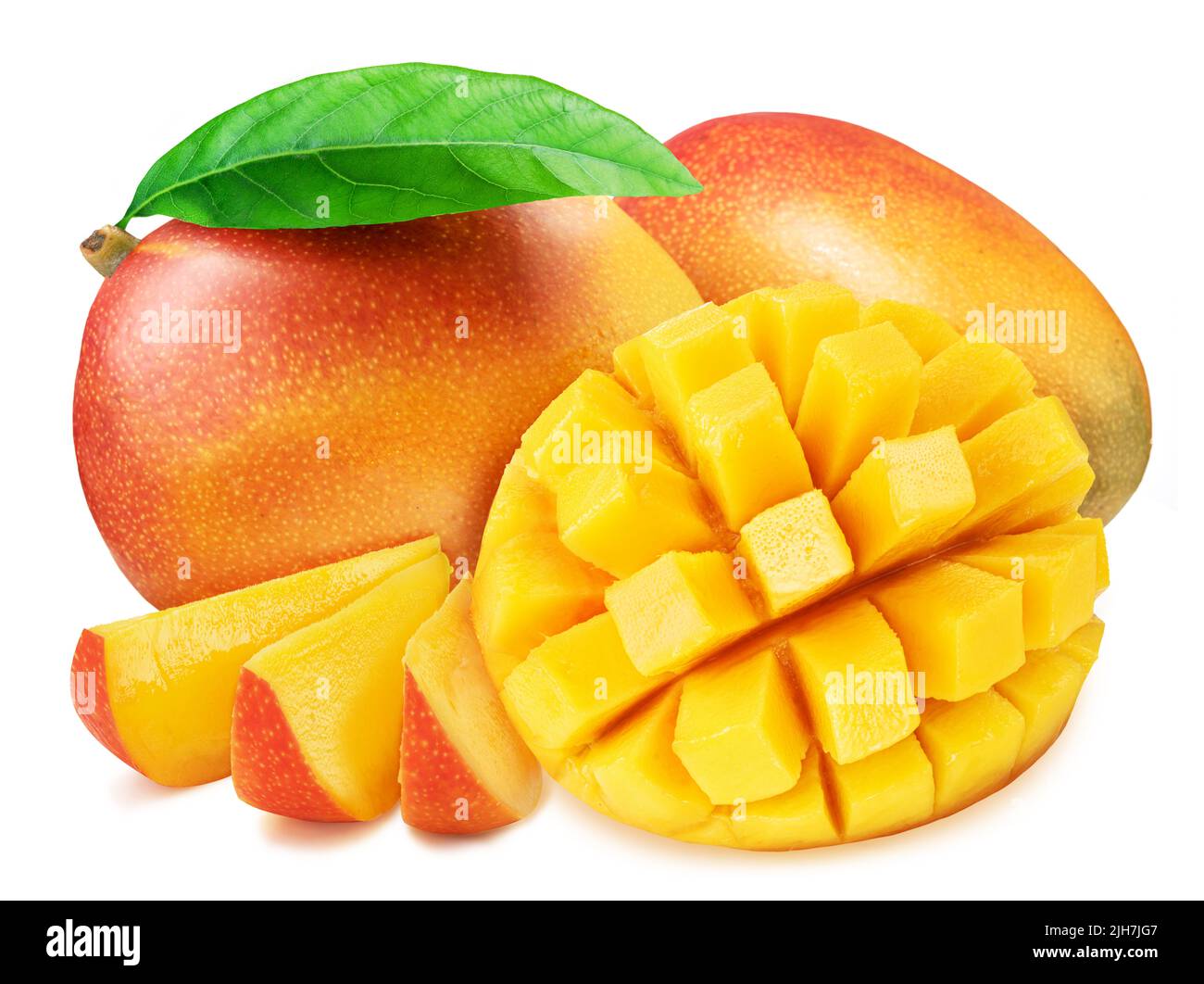 Mango fruits with green leaf and mango cut in hedgehog style isolated ...