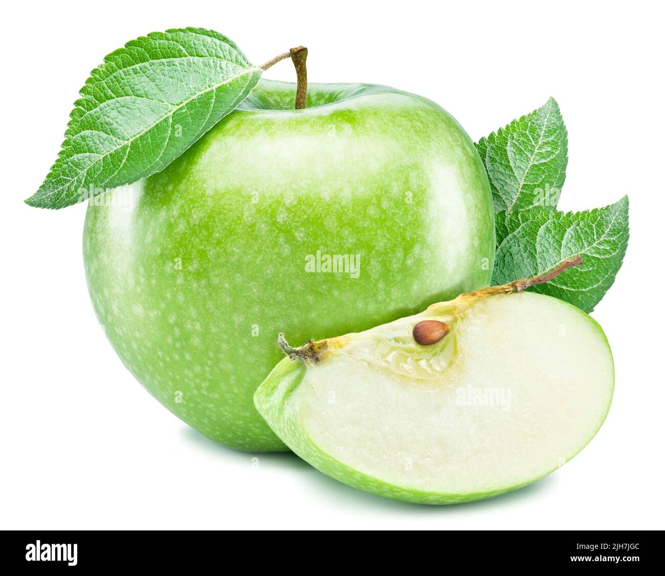 Perfect green apple fruit, apple slice and leaves isolated on white ...