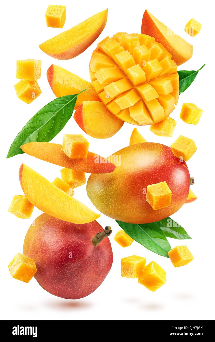 Collection of mango fruits, mango cubes and slices levitating in the ...