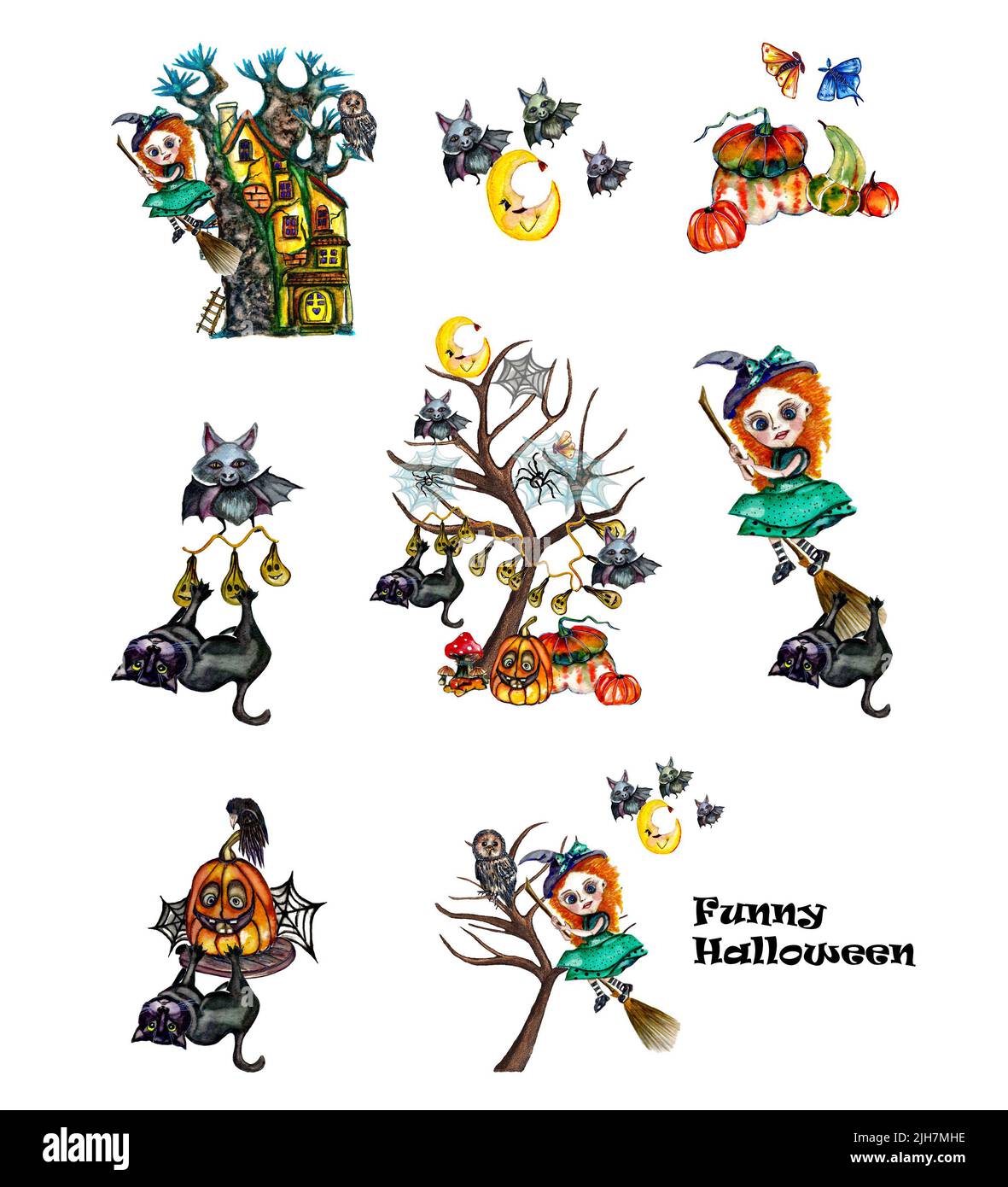 Watercolor cute halloween compositions set.Halloween funny collection ...