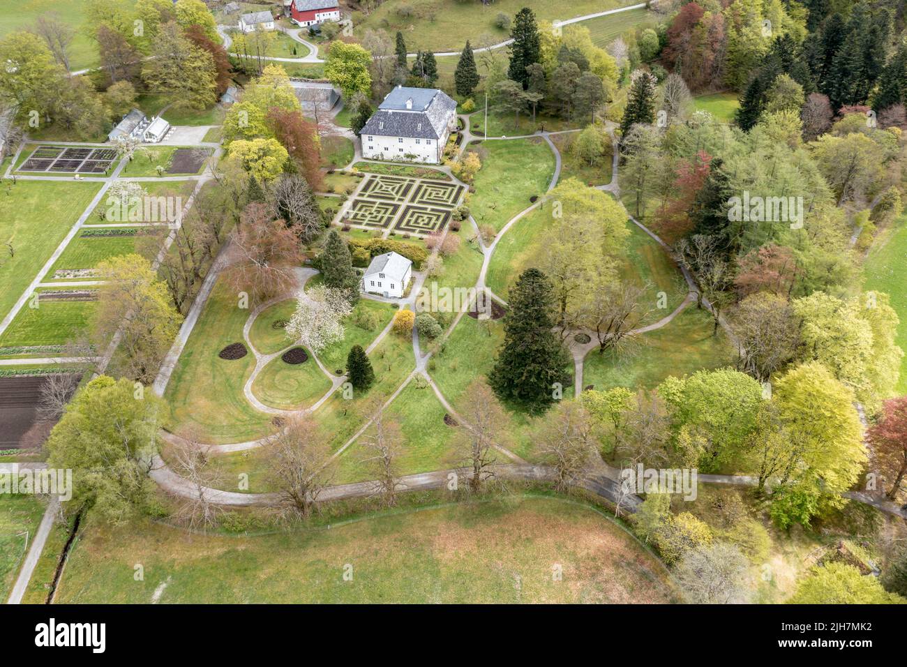 Aerial view of baroniet Rosendal, castle and park, village Rosendal ...