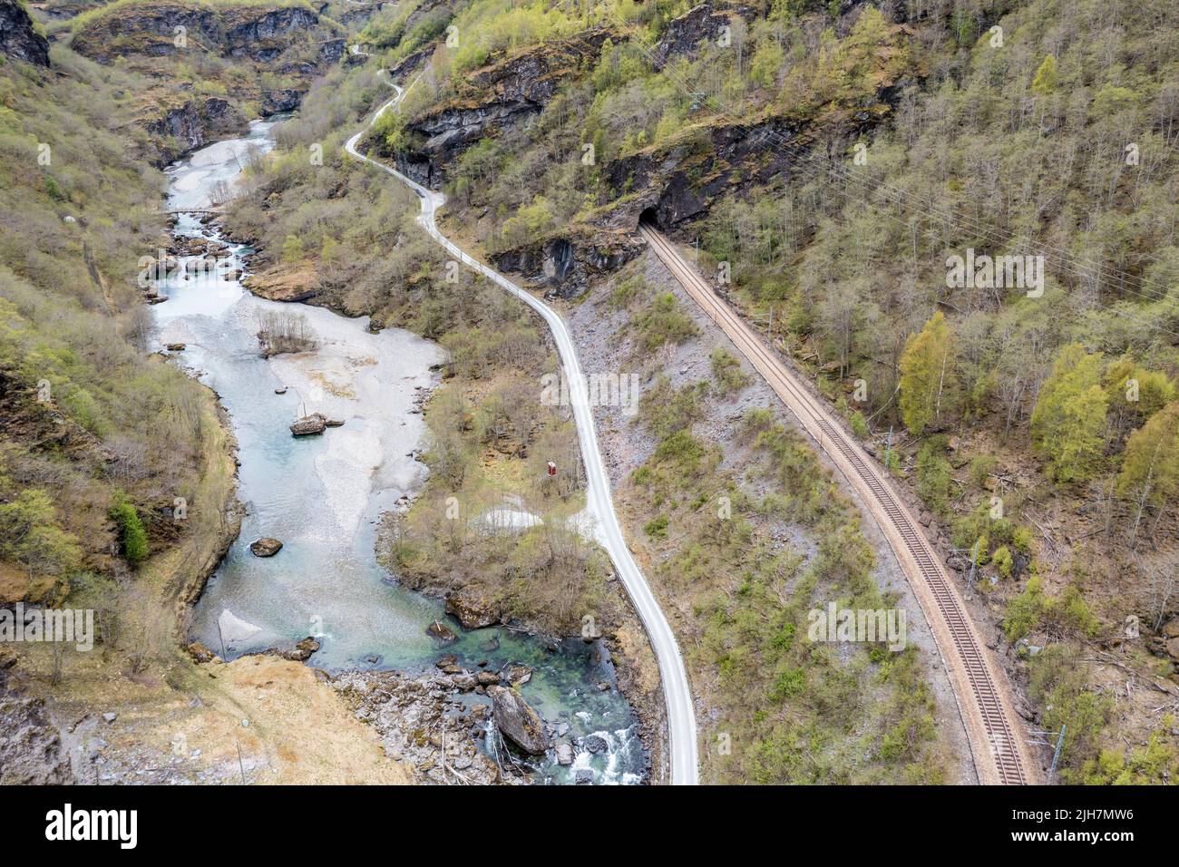 Aerial view of road and railway track in the Flam valley, railway Flam to Myrdal, Norway Stock ...