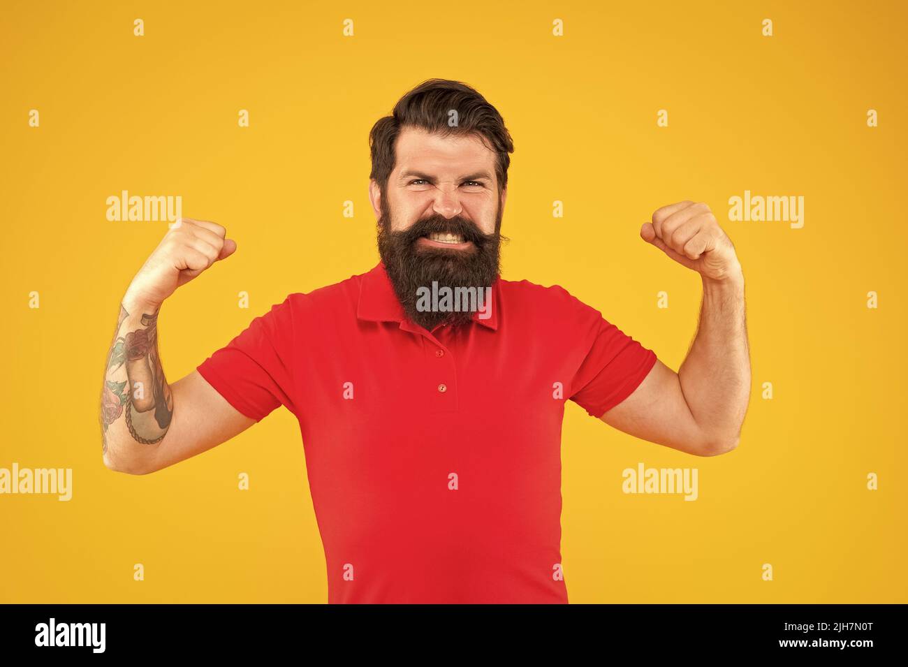 angry guy with beard and hairstyle on yellow background, success Stock ...