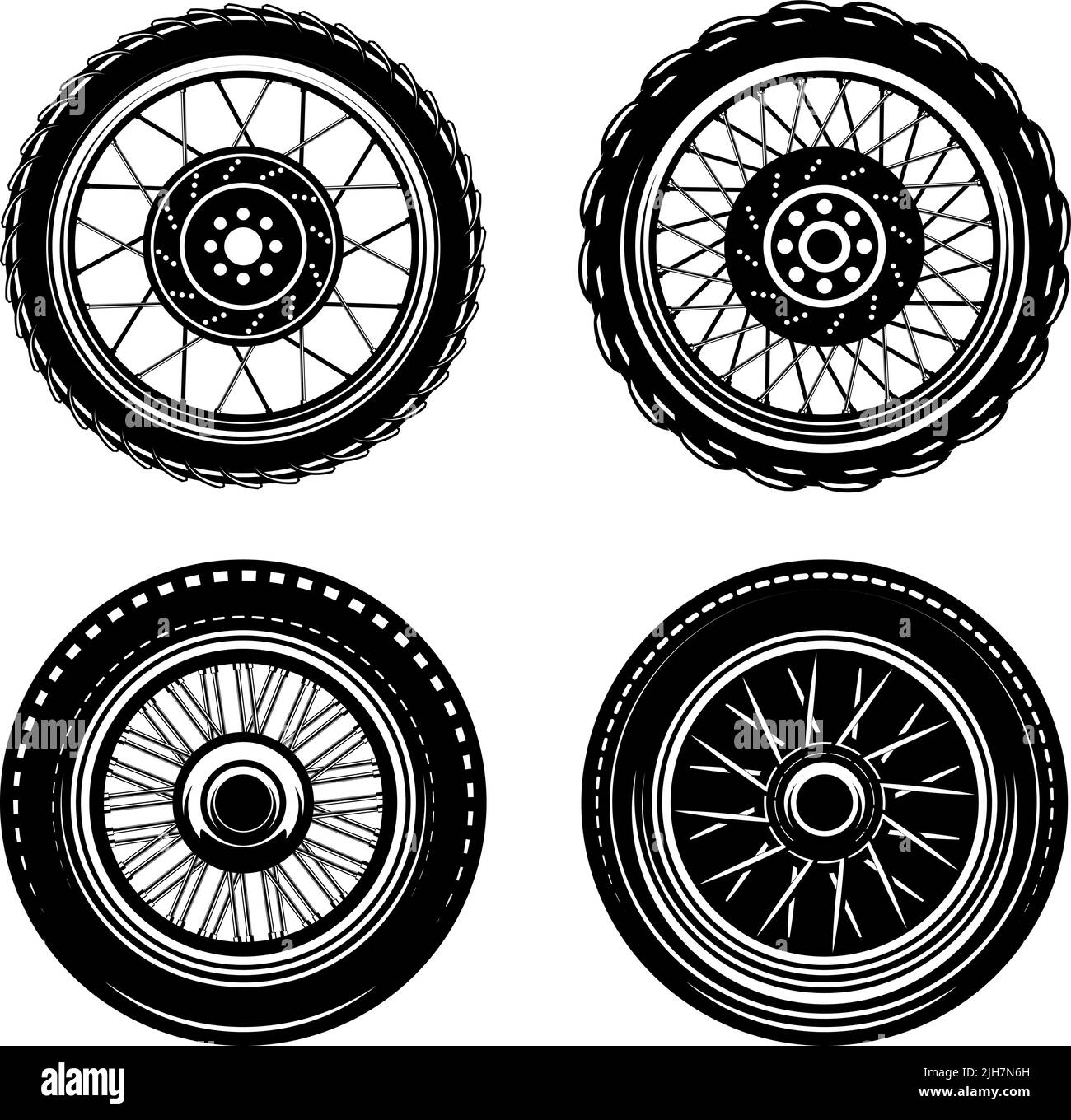 Set of wheel illustrations in monochrome style. Design element for logo ...