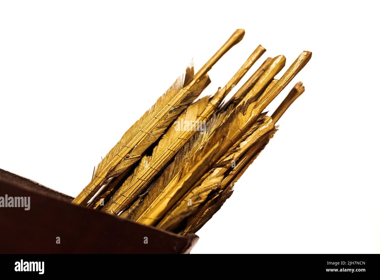 Detail of the golden feathers of arrows, used as an ancient weapon ...