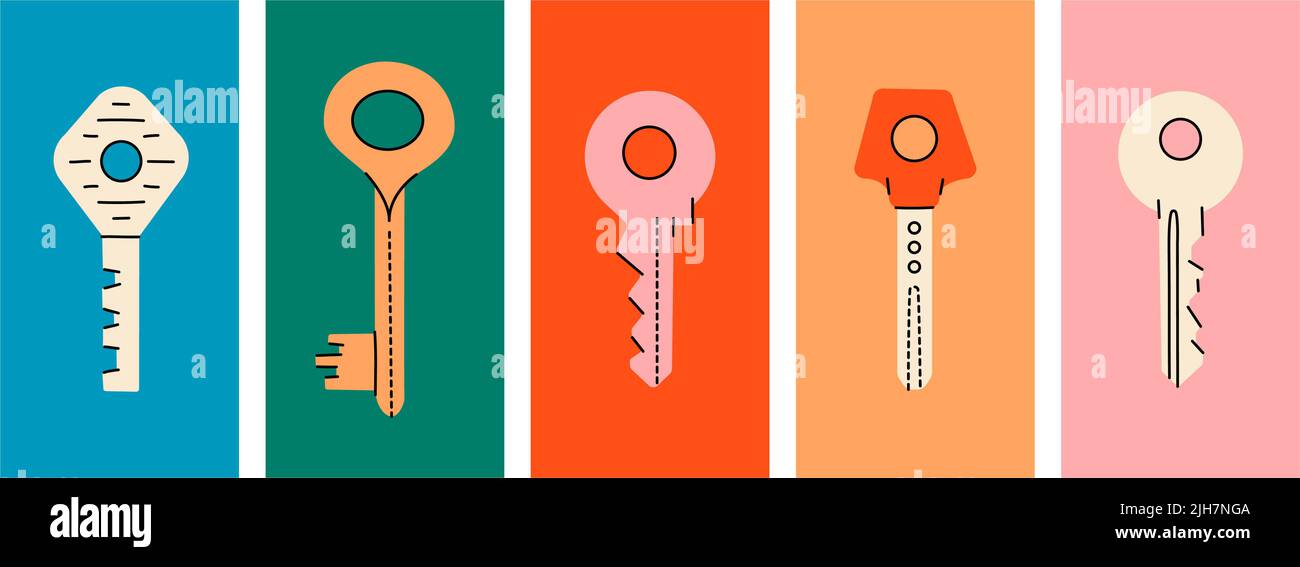 Set of various house keys. Colored posters with hand drawn house keys ...