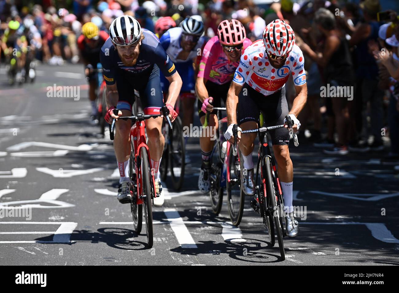 US Quinn Simmons of Trek-Segafredo and German Simon Geschke of Cofidis ...
