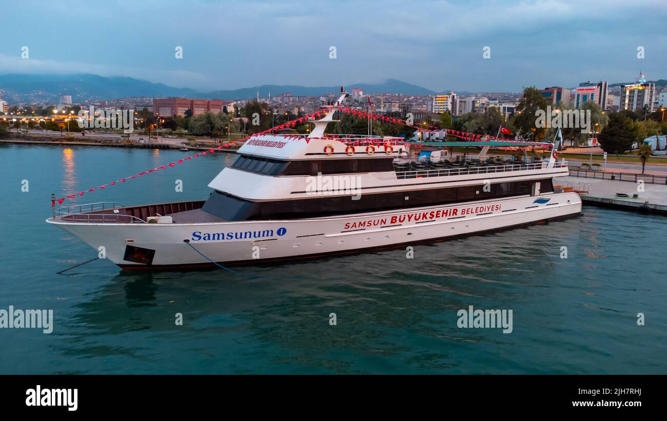 Ilkadim, Samsun, Turkey, June 2022: Side view of municipal yacht, this ...