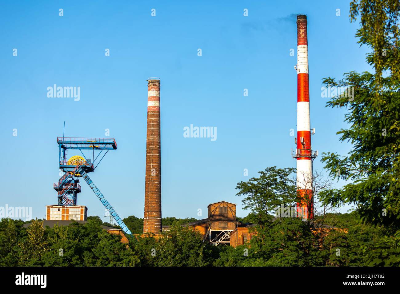 Distant view for the shaft tower of a closed black coal mine ...