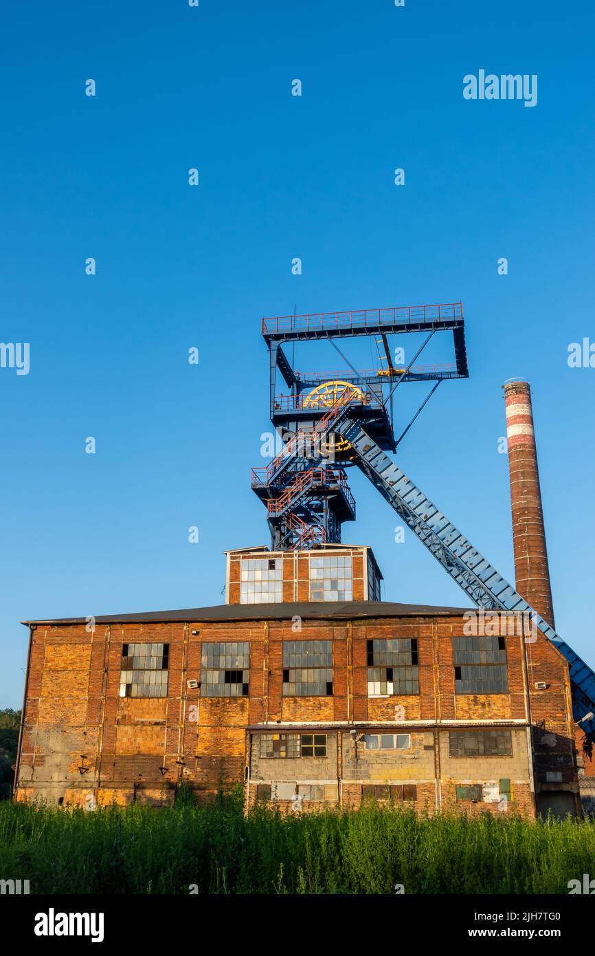 Distant view for the shaft tower of a closed black coal mine ...