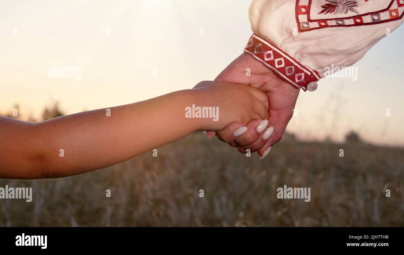 Mom and child holding hands together on wheat field sunset background ...