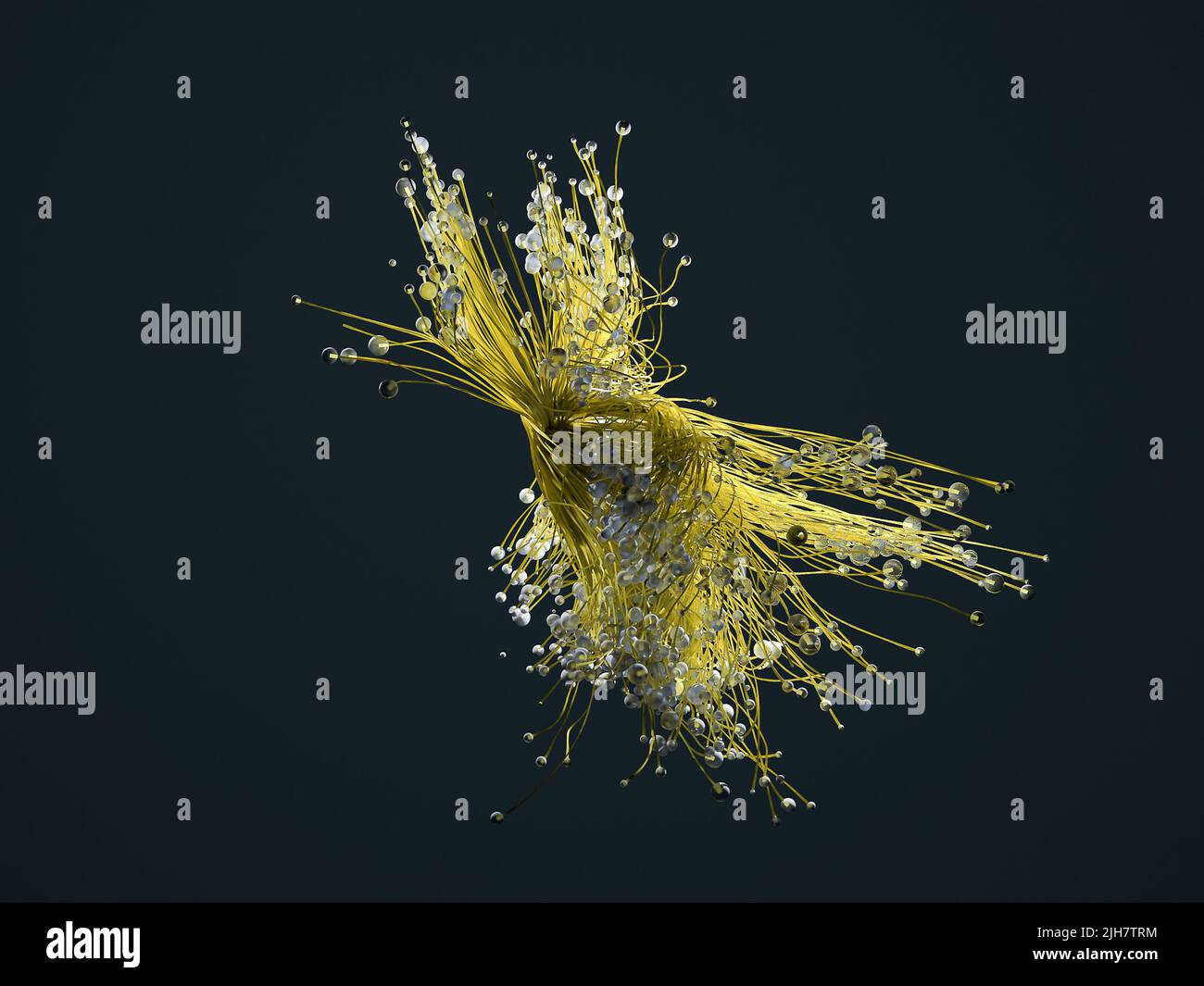 3d render of particle explosion with yellow wires and transparent balls ...