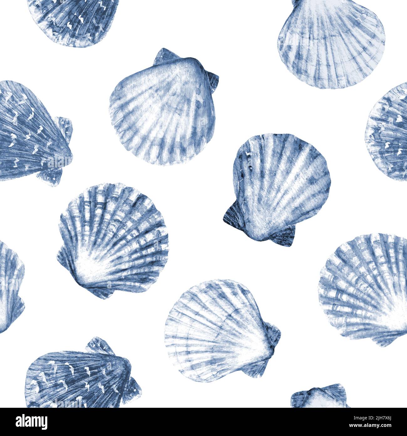 Watercolor seashell seamless pattern. Hand drawn sea shells navy blue ...