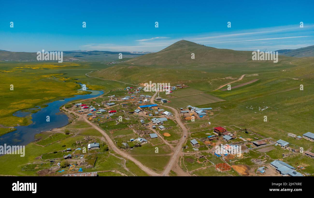 Olcek, Ardahan, Turkey, June 2022; aerial view of a village of Ardahan ...