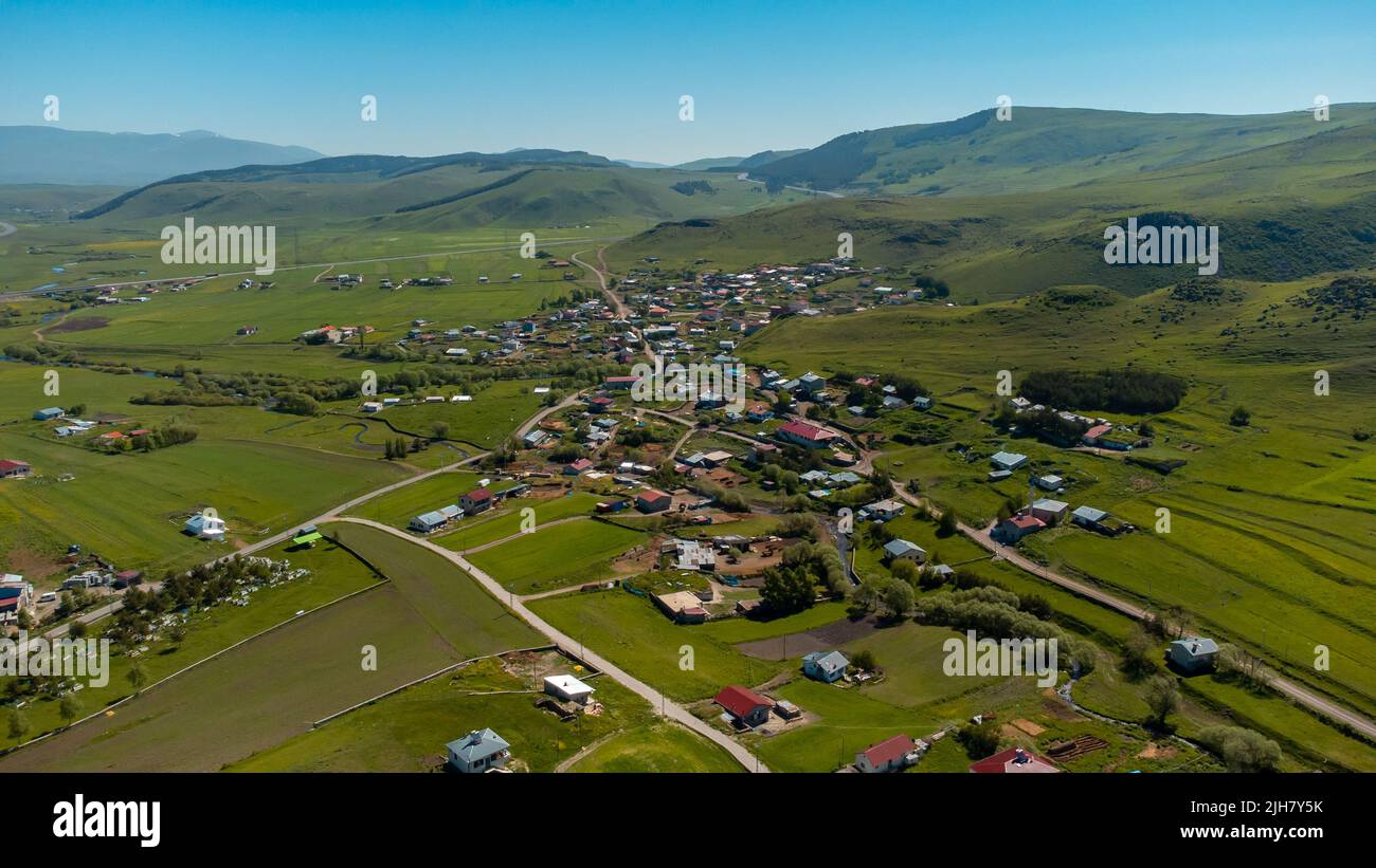 Olcek, Ardahan, Turkey, June 2022; aerial view of a village of Ardahan ...