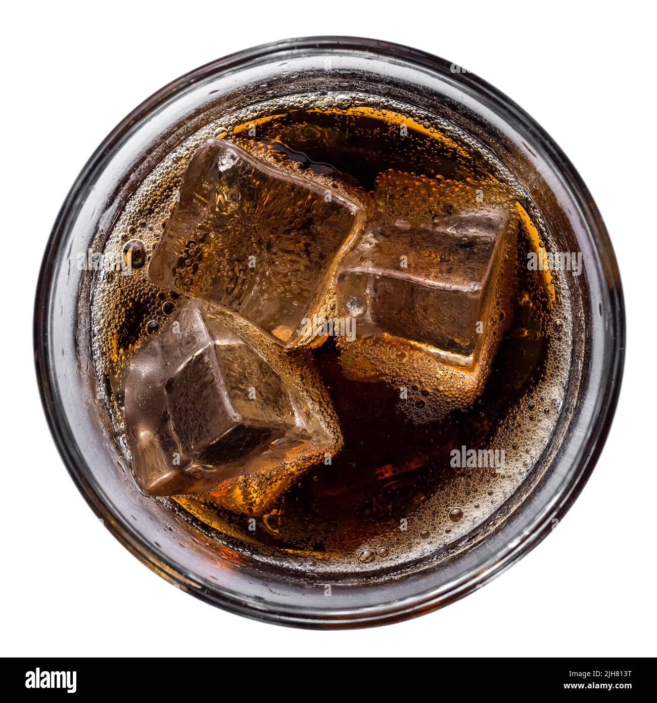 refreshing cola with ice cubes in a glass, top view, isolated on white ...