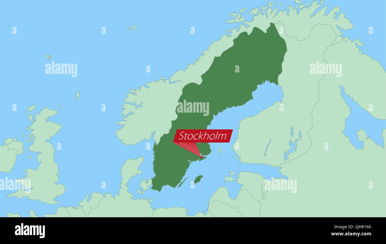 Map of Sweden with pin of country capital. Sweden Map with neighboring ...