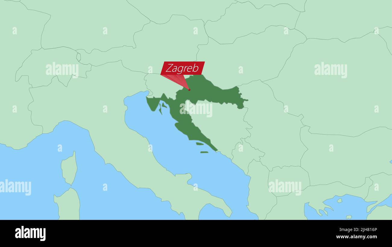 Map of Croatia with pin of country capital. Croatia Map with ...