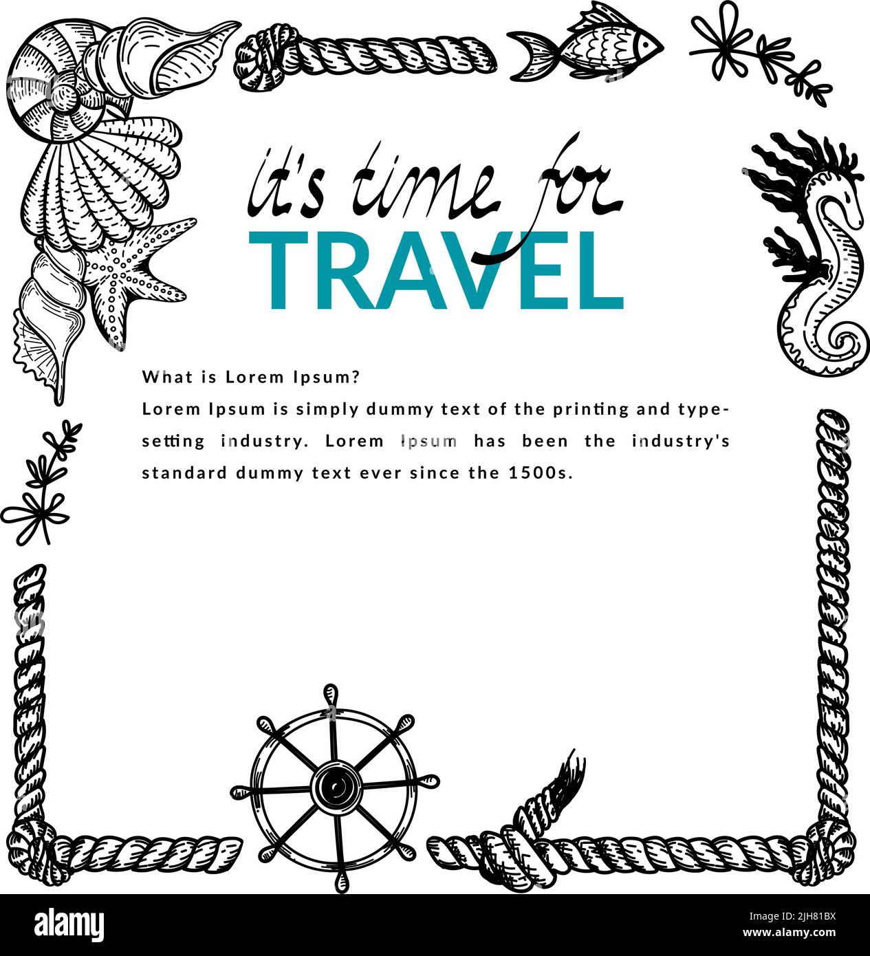 Frame in nautical style, hand-drawn doodle elements in sketch style ...