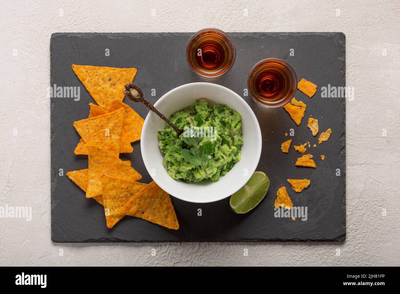 Latinamerican Mexican food party sauce guacamole, salsa, chips, and t ...