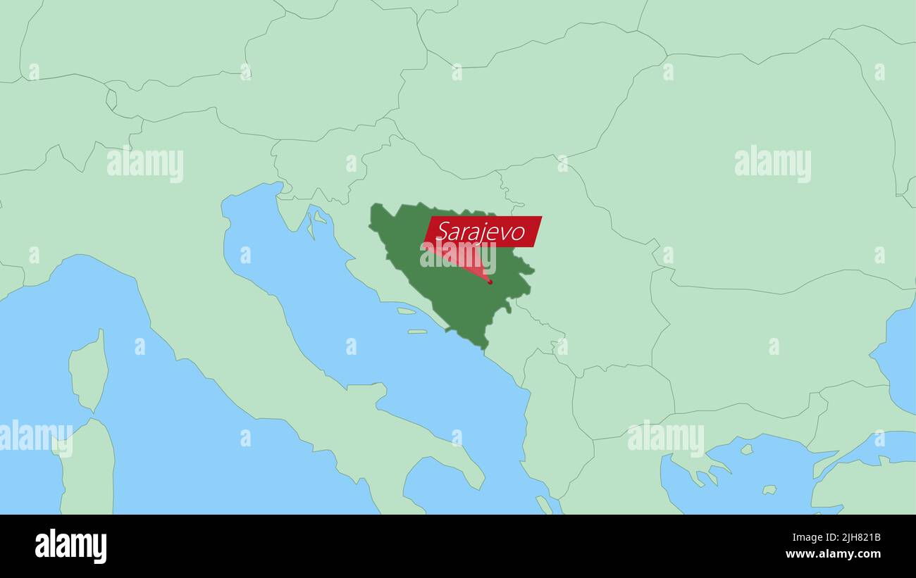 Map of Bosnia and Herzegovina with pin of country capital. Bosnia and ...