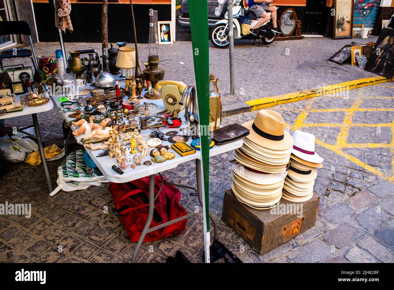 Seville, Spain - July 14, 2022 Various objects sold at the Flea market ...