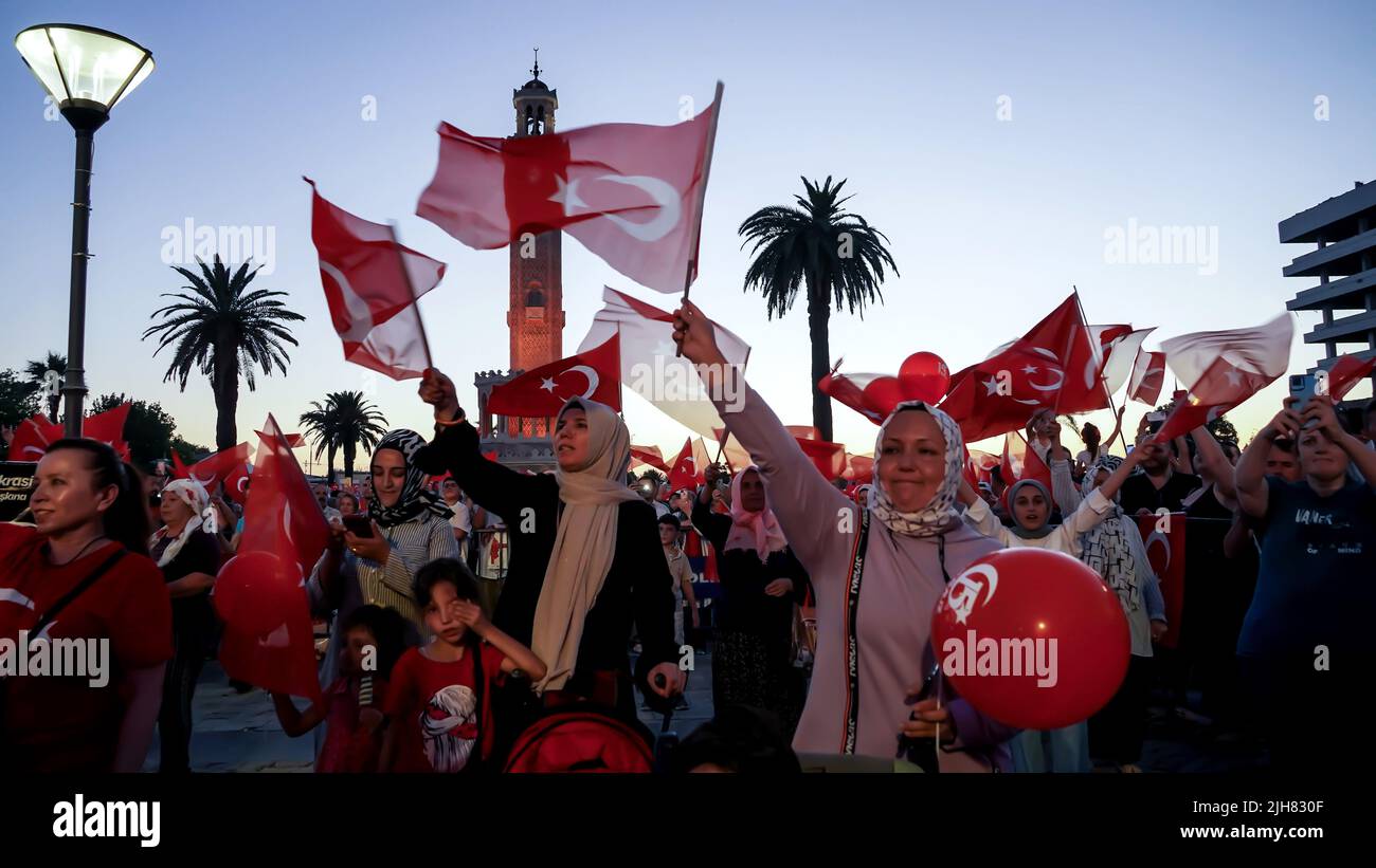 Izmir, Turkey, Turkey. 15th July, 2022. People with Turkish flags, some ...