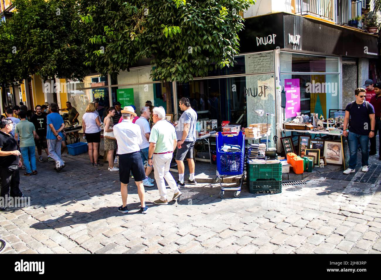 Seville, Spain - July 14, 2022 Various objects sold at the Flea market ...