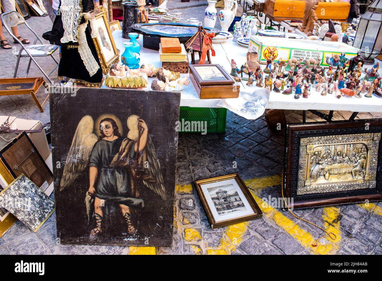 Seville, Spain - July 14, 2022 Various objects sold at the Flea market ...