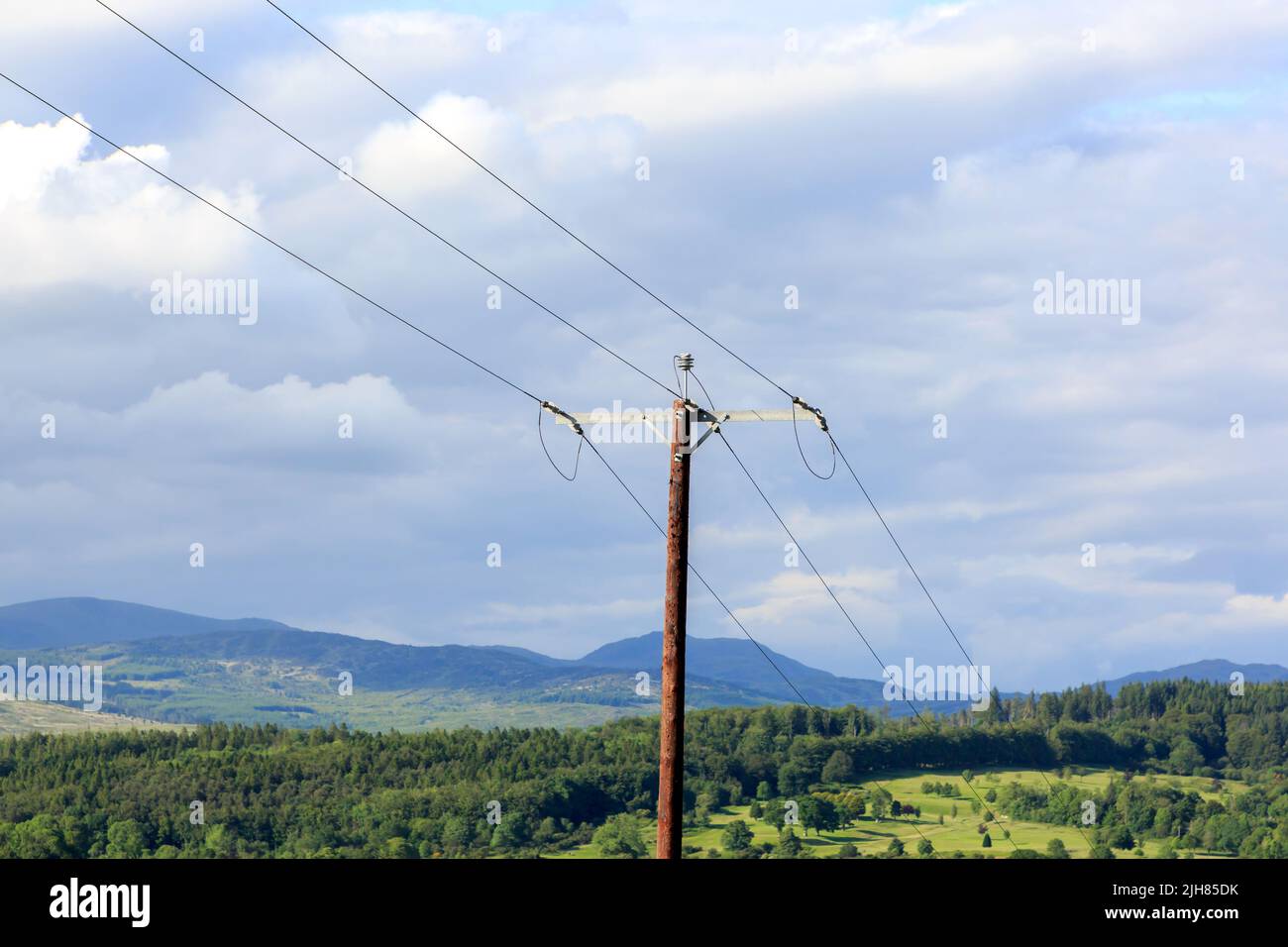 Electricity power cables fixed to a wooden poll with the Scottish ...