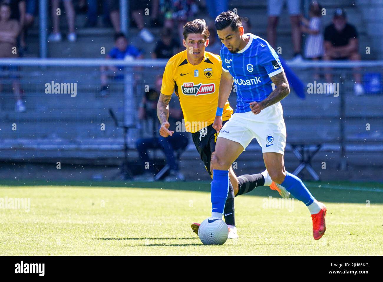 GENK, BELGIUM - JULY 16: Daniel Munoz of KRC Genk, Steven Zuber of AEK ...
