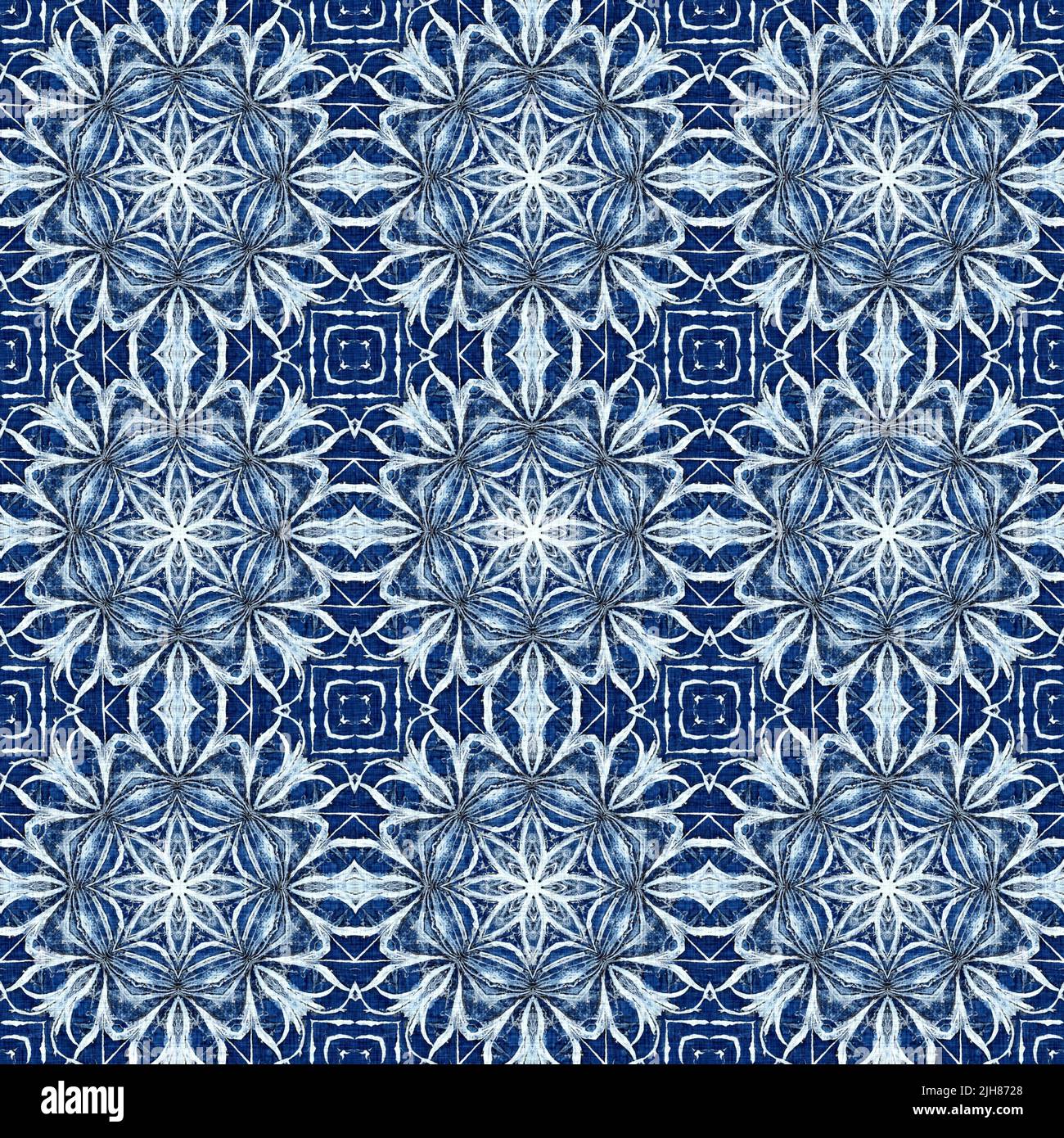 Indigo blue snow flake damask pattern background. Frosty painterly ...