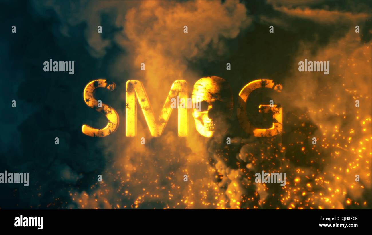 Text smog with human skull on bg with fire fire and smoke - industrial ...