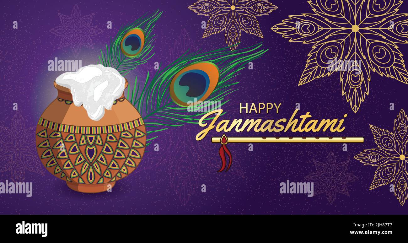 Happy Krishna Janmashtami background with matki, makhan, flute, peacock ...