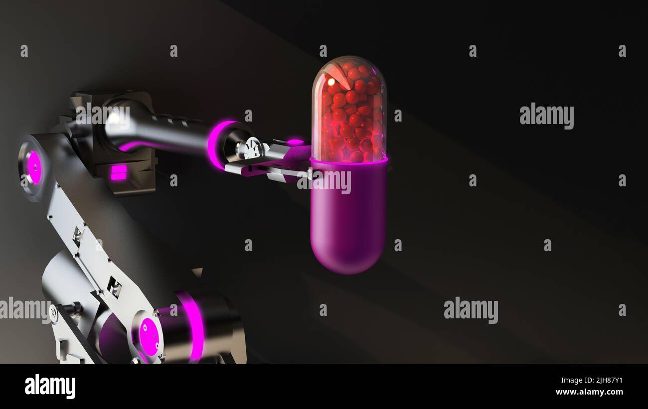 futuristic robot hand holding pill in purple light. 3d rendering Stock ...