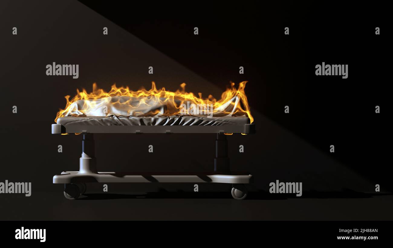 burning corpse in a gurney on a black background. 3d rendering Stock ...