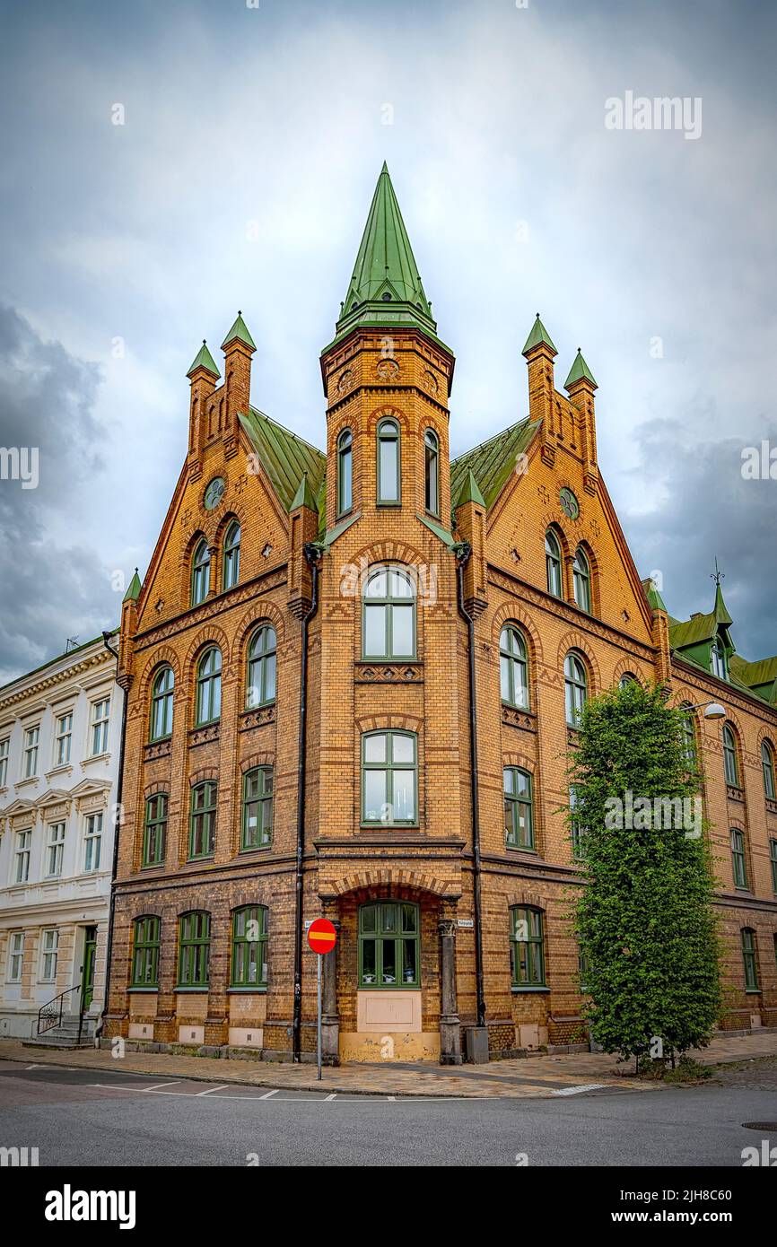 The one of the many old ornate corner buildings in Landskrona, Sweden ...